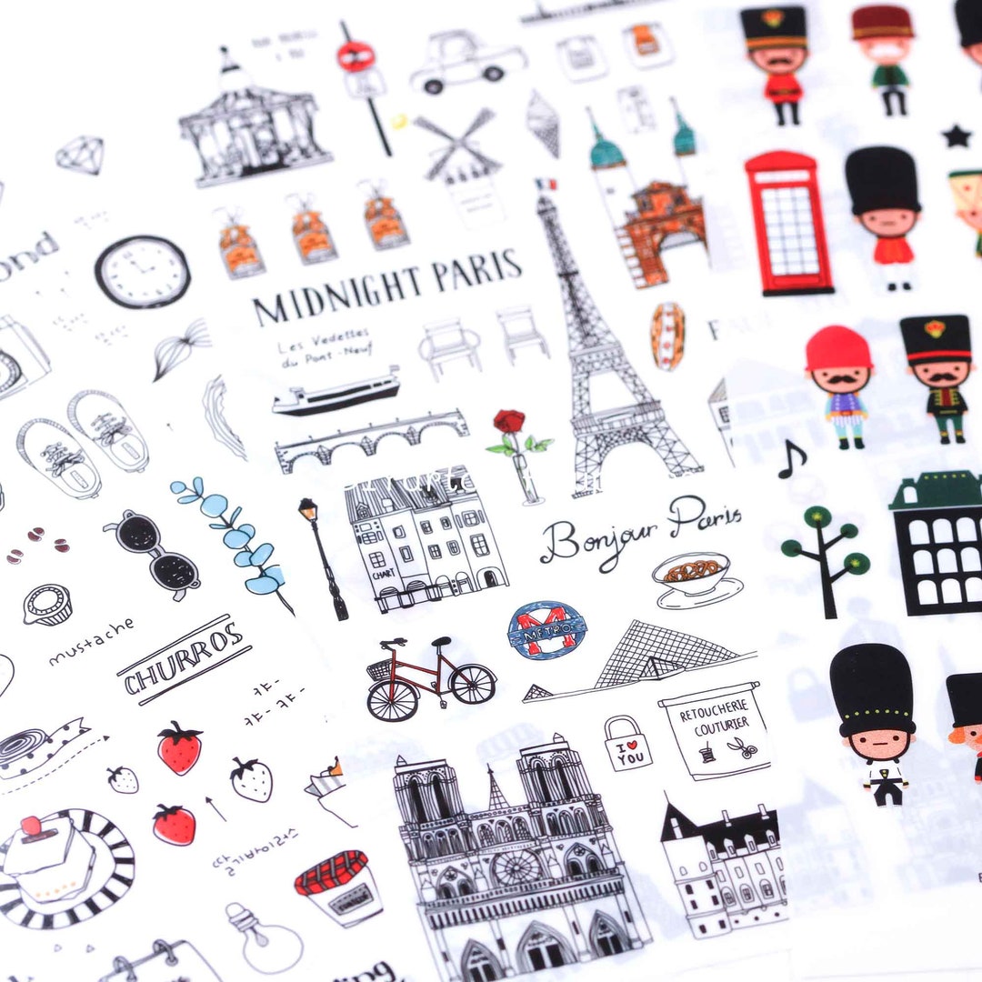 6 Sticker Sheets of PVC Cute Daily Object Stickers, Paris Landmark ...