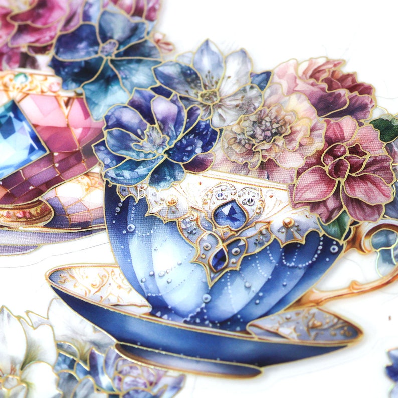 20 Pcs Gold Foil Water Color Tea Cup and Flower Sticker, Gem and Flower ...