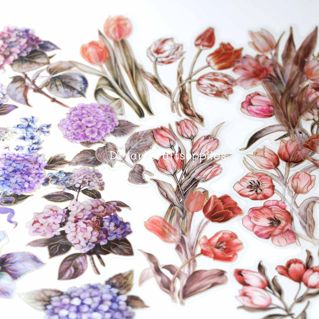 20 Pcs Hydrangea Flower Stickers, Red Tulip Flower Stickers, Gilding ...