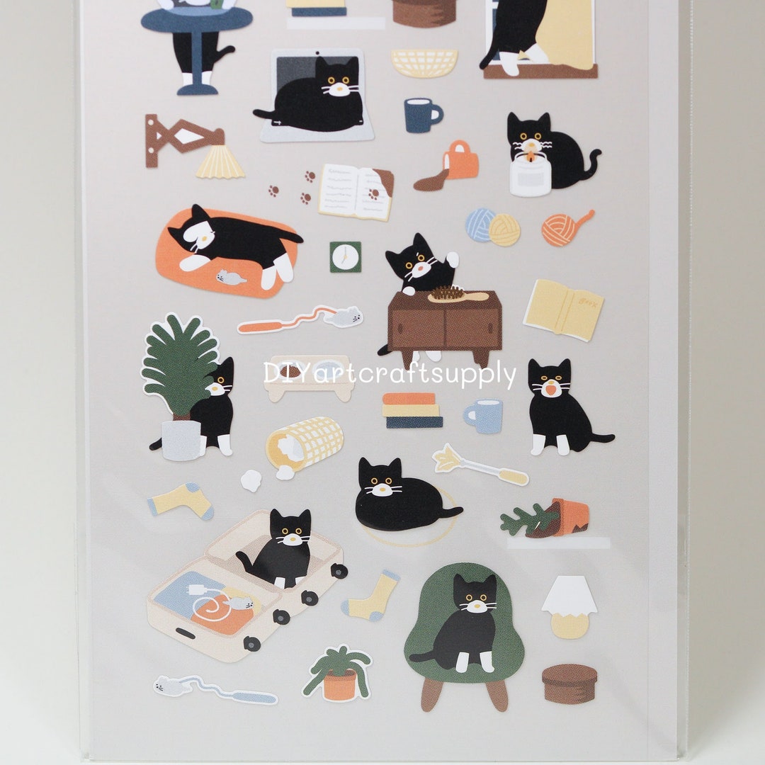 Cute Black Cat Sticker Sheet, Cat Playing Sticker, Cat and Girl Sticker ...