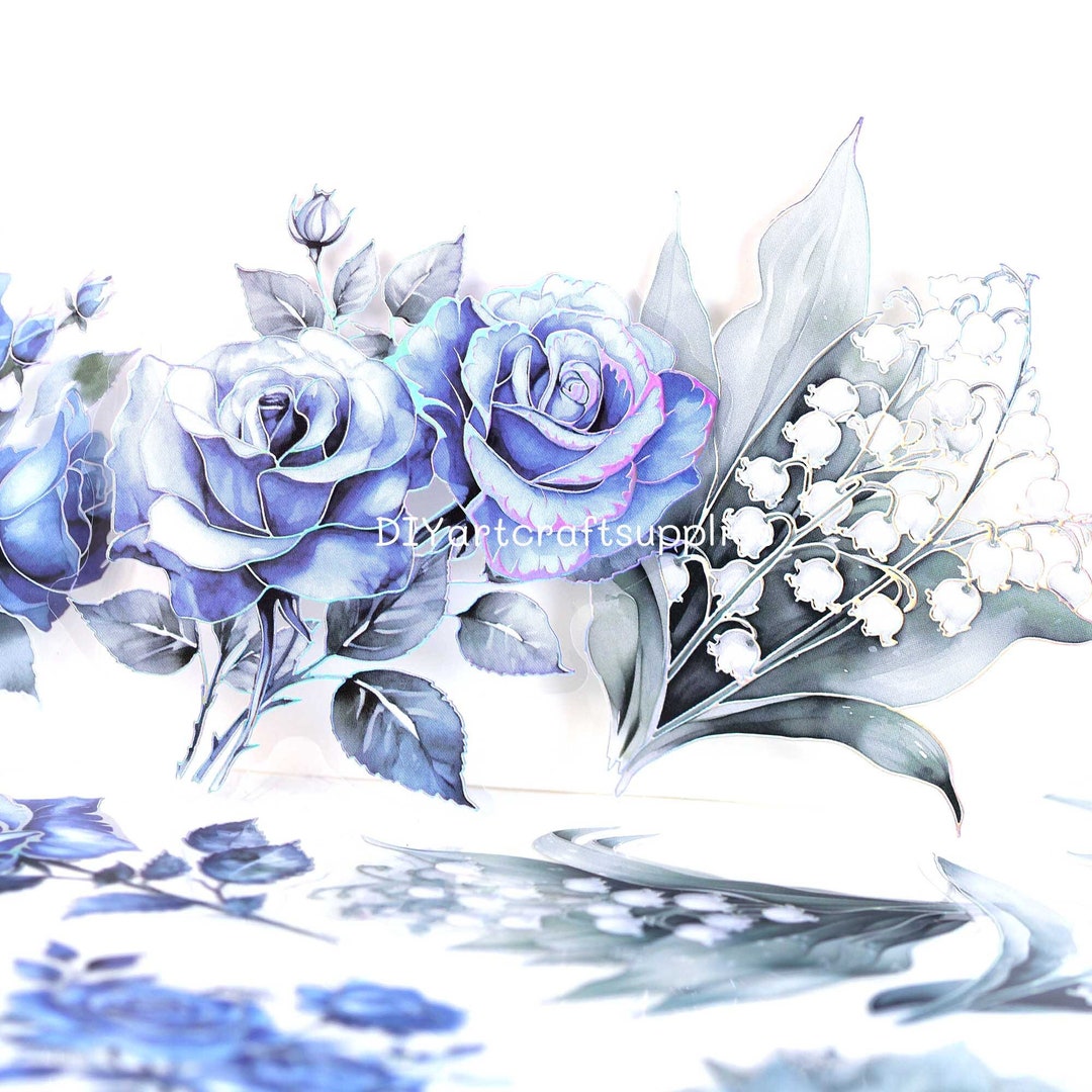 20 Pcs Sympathy Flower Gilding Stickers, Blue Rose Foil Stickers, Lily ...