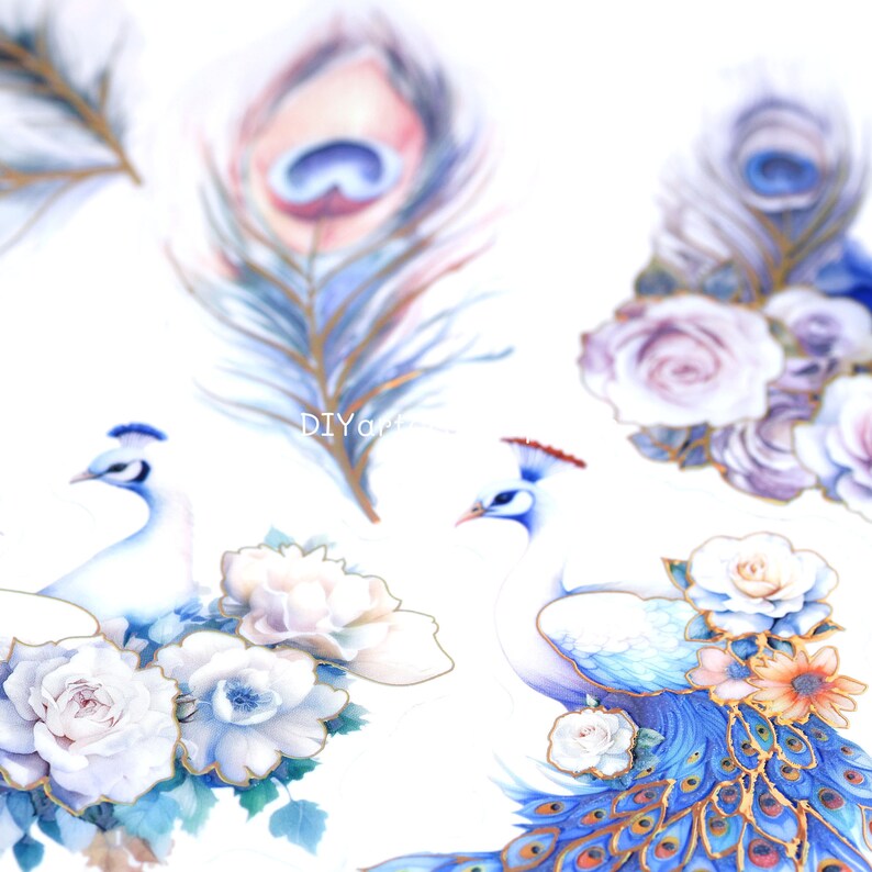 10 Pcs Gold Foil White Peacock Stickers, Peacock Feathers Stickers ...