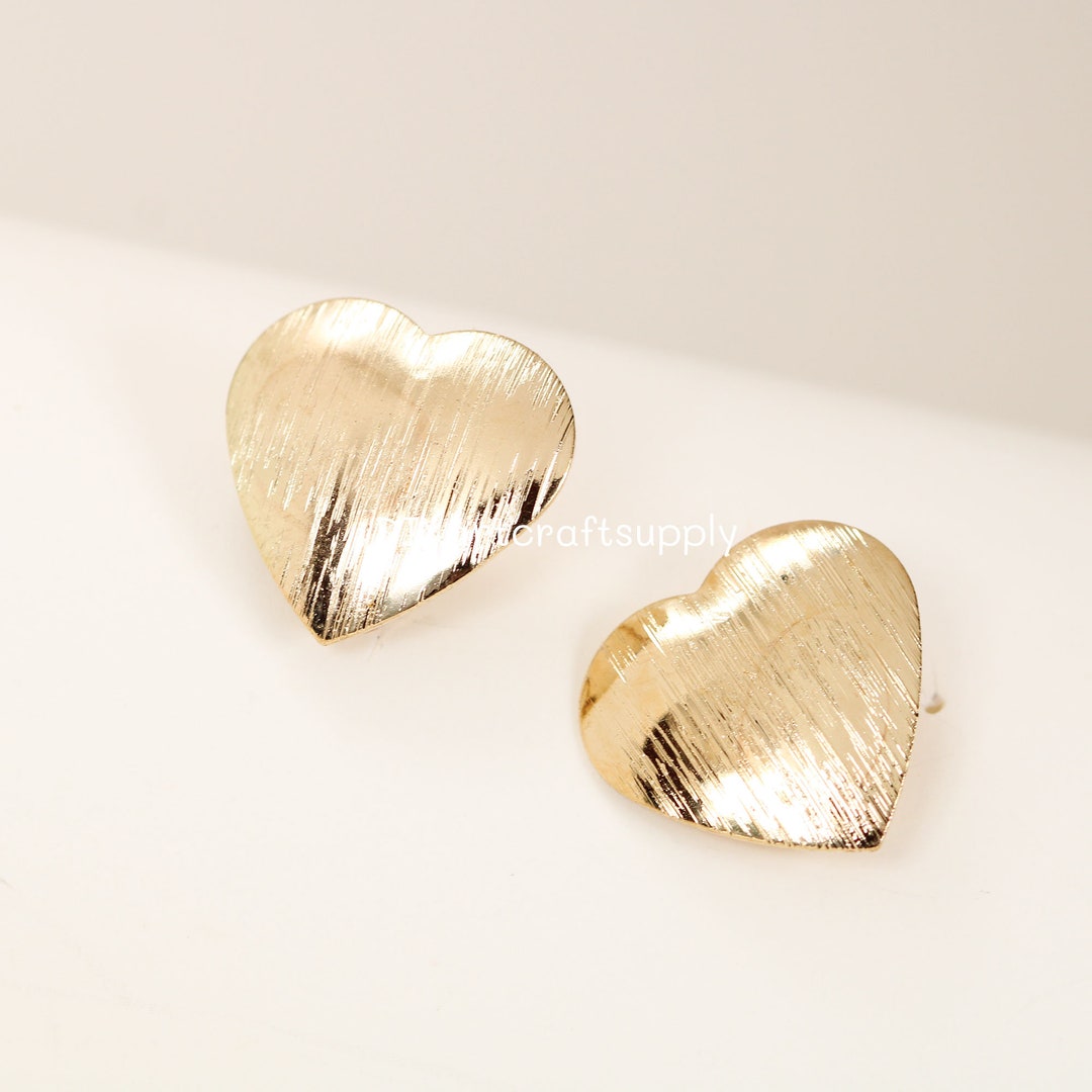 4 Pcs Lot 24k Gold Plate Brass Heart Shape Stud Earrings Brush Finish ...