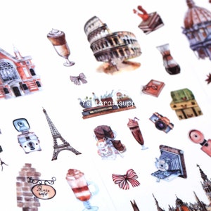 6 Sticker Sheets of PVC Vintage Paris Travel Stickers, Travel Landmark ...