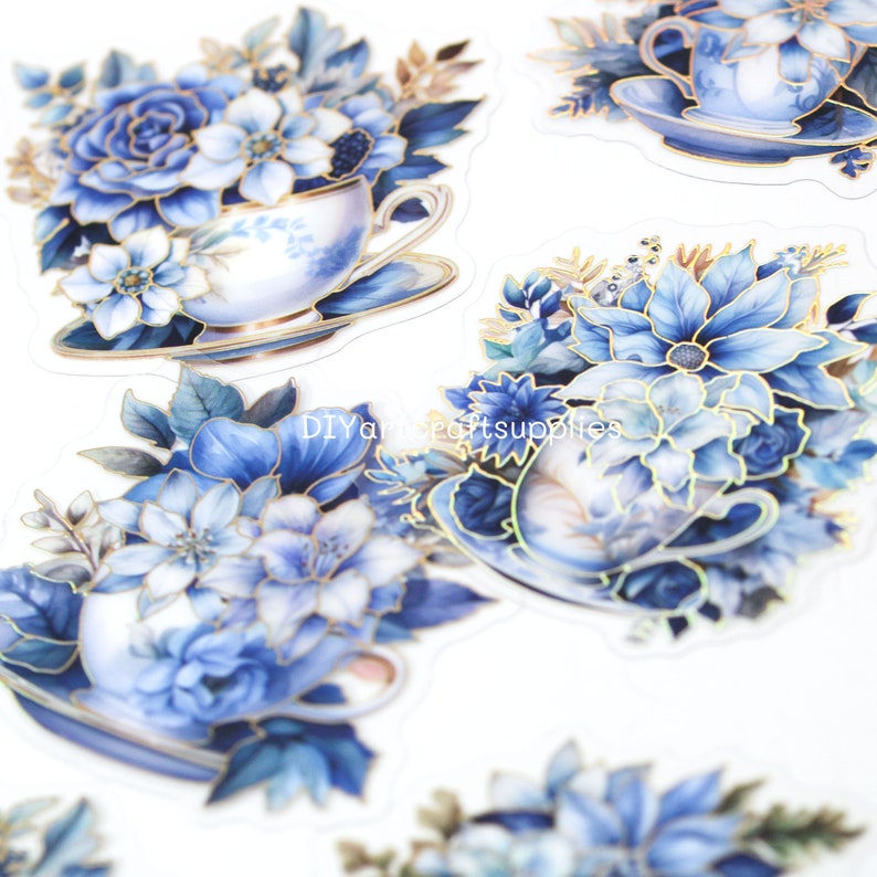 20 Pcs Gold Foil Water Color Tea Cup and Flower Sticker, Gem and Flower ...