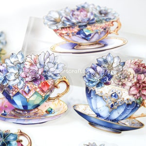 20 Pcs Gold Foil Water Color Tea Cup and Flower Sticker, Gem and Flower ...