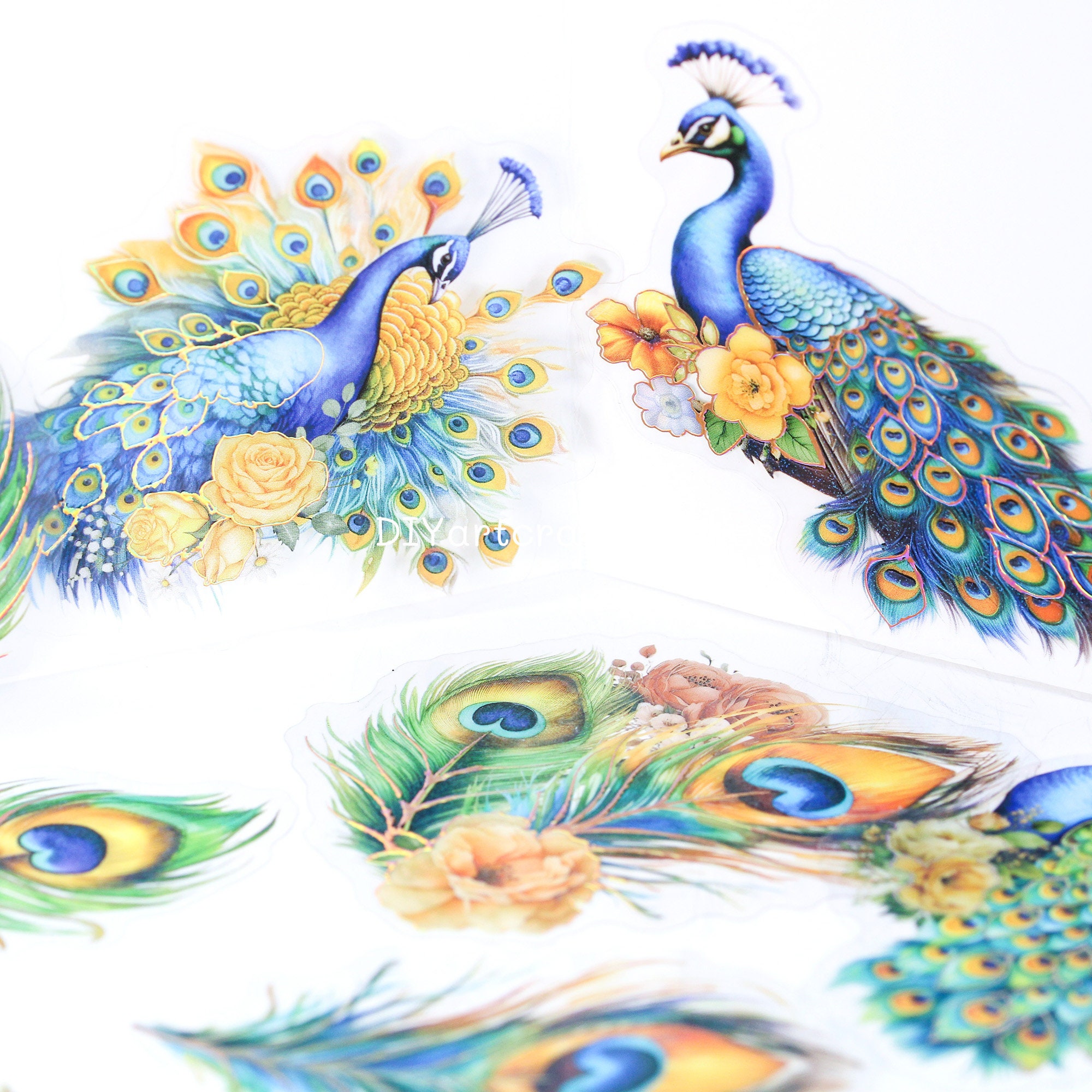 10 Pcs Gold Foil Blue Green Peacock Stickers, Peacock Feathers Stickers ...