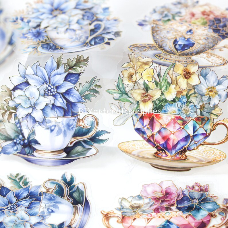 20 Pcs Gold Foil Water Color Tea Cup and Flower Sticker, Gem and Flower ...
