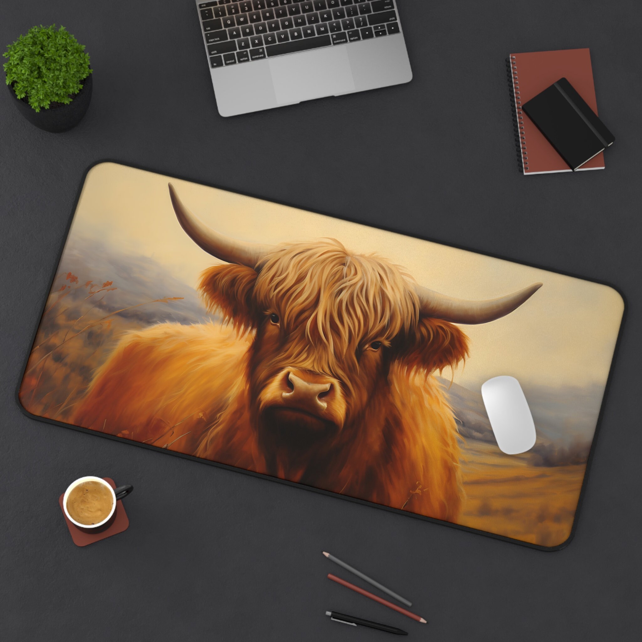 Retro Highland Cow Desk Mat Cow Desk Mat Misty Mountain Mouse Pad ...