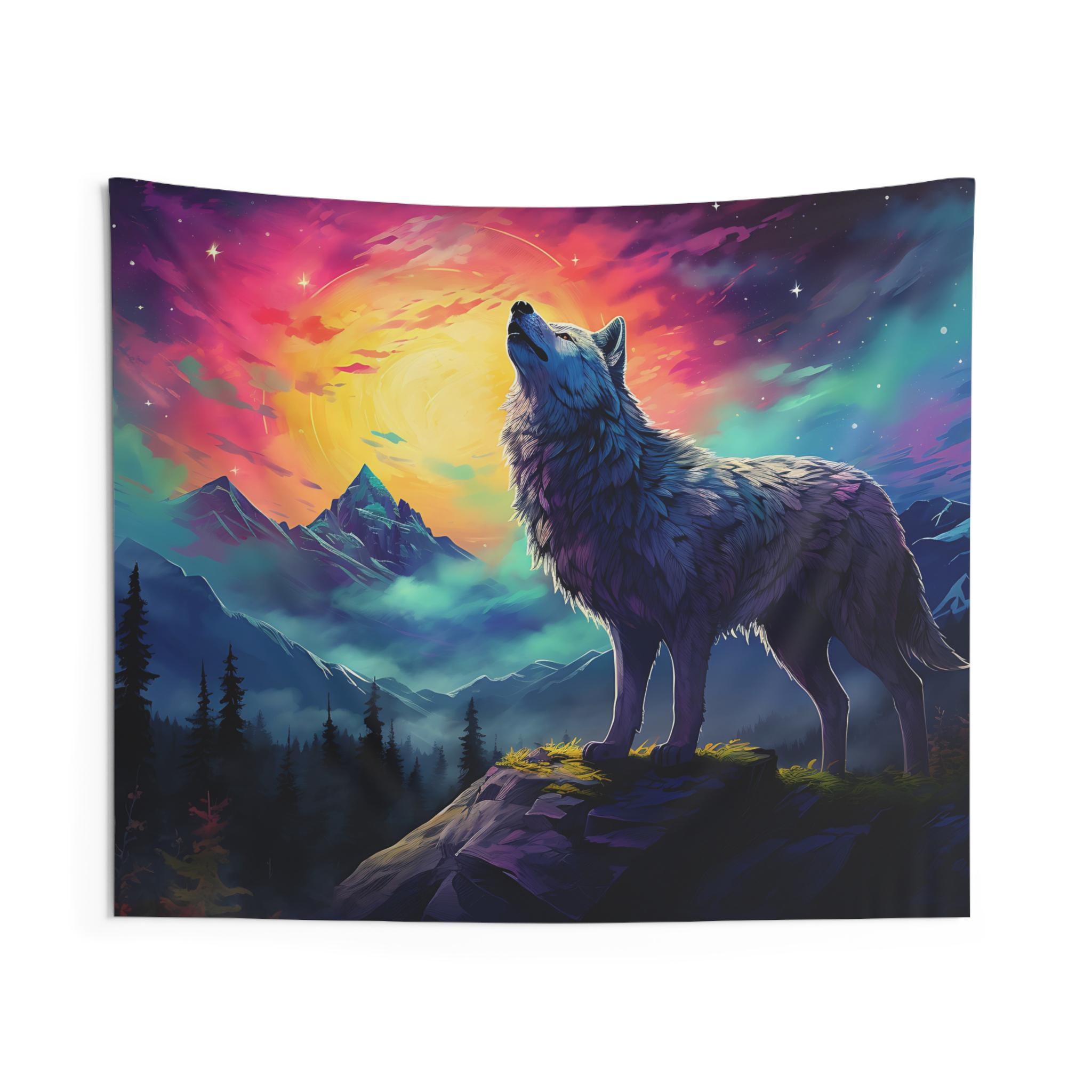Neon Wolf Wall Tapestry Art Nature Mountain Aesthetic Forest Landscape ...