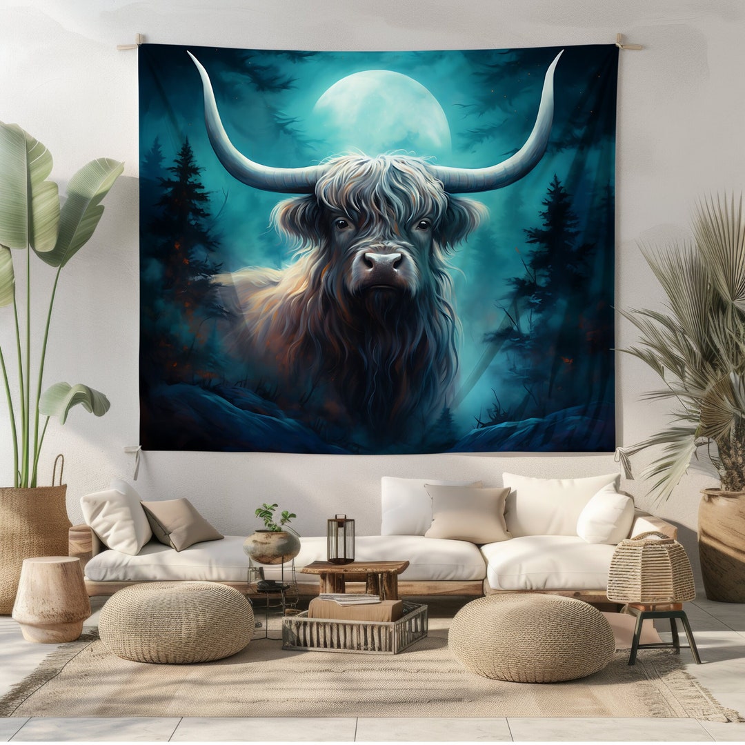 Mystical Highland Cow Wall Tapestry Enchanted Forest Wall Hanging ...