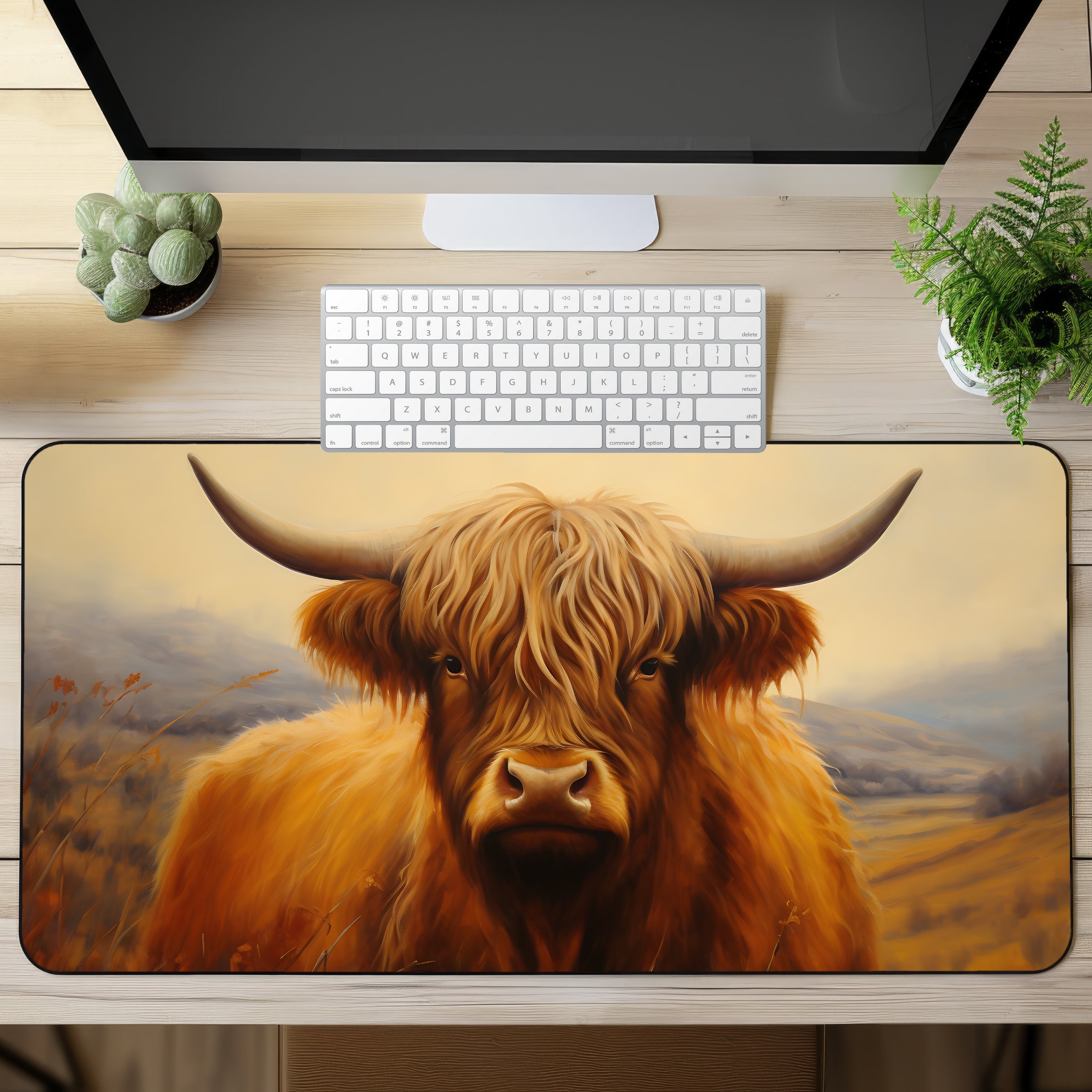 Retro Highland Cow Desk Mat Cow Desk Mat Misty Mountain Mouse Pad ...