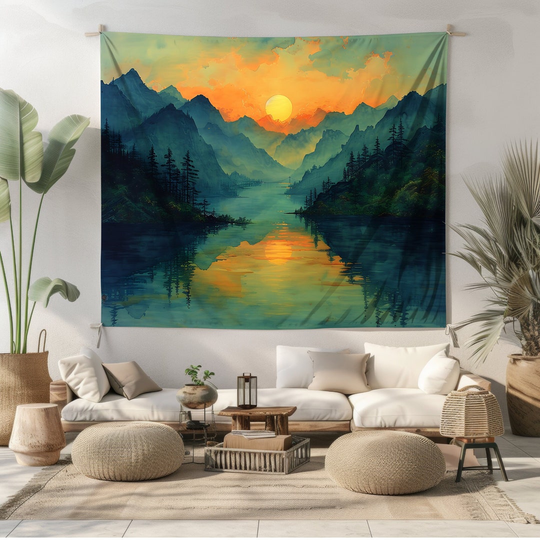 Sunset Mountain Wall Tapestry Wilderness Wall Hanging Misty Forest ...
