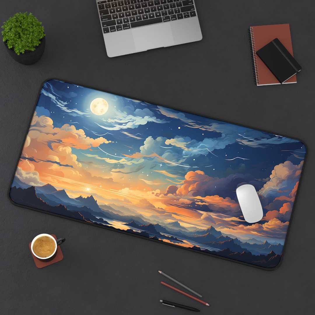 Blue Golden Hour Clouds Desk Mat Kawaii Mouse Pad Sky Desk Pad Moon ...