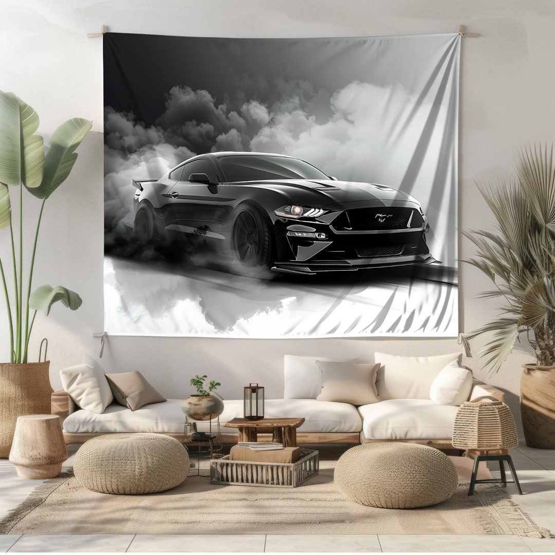 Black Ford Mustang Smoke Wall Tapestry Muscle Car Wall Hanging Racing ...