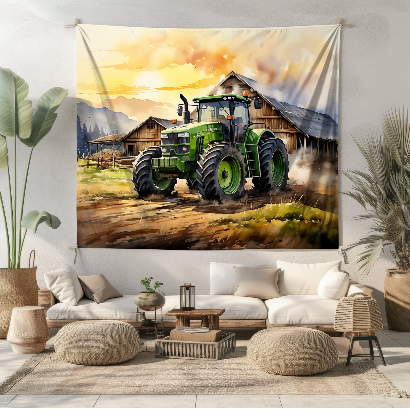 JD Farm Tractor Wall Tapestry Green Tractor Wall Hanging Man Cave Wall ...