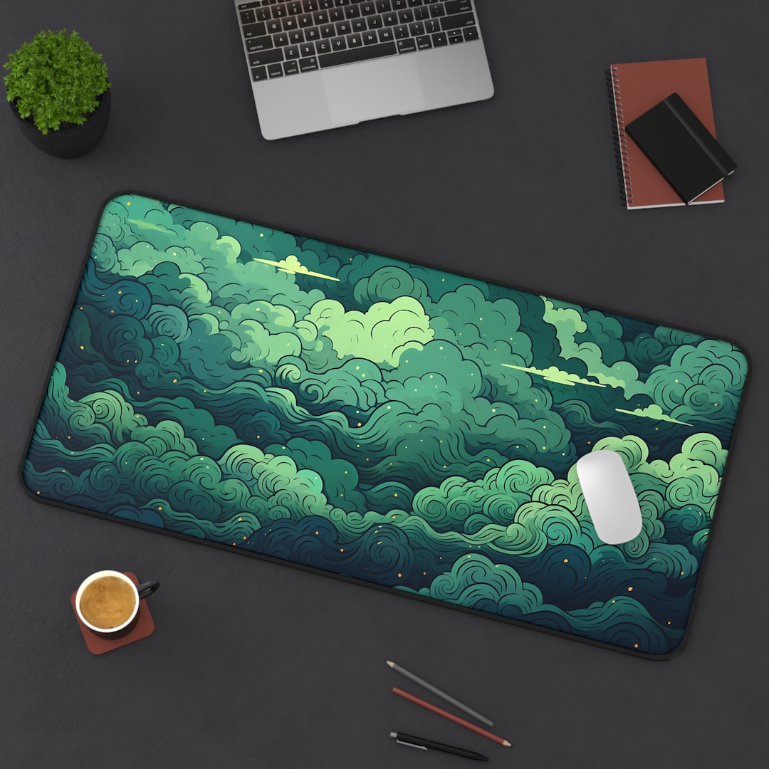 Dark Green Clouds Desk Mat Kawaii Mouse Pad Sky Desk Pad Night Sky Desk ...