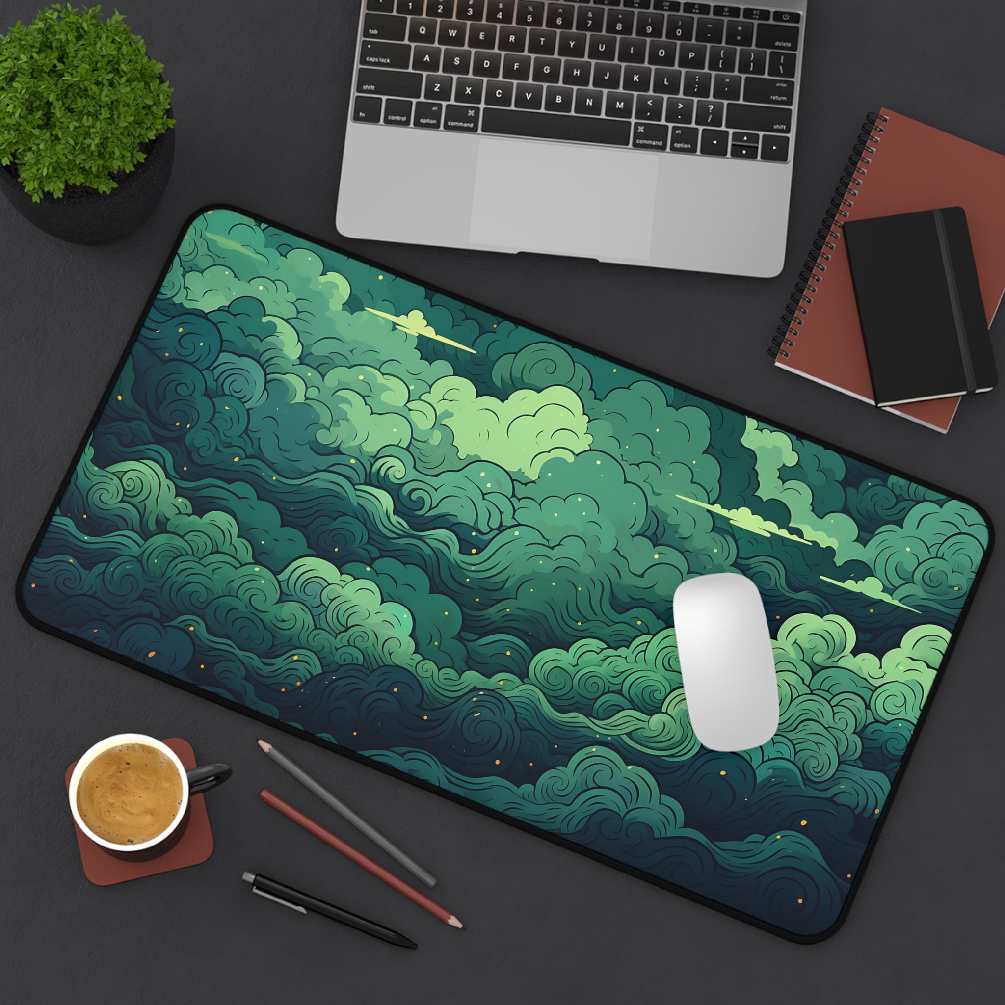 Dark Green Clouds Desk Mat Kawaii Mouse Pad Sky Desk Pad Night Sky Desk ...