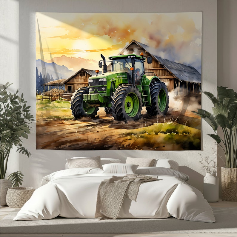 JD Farm Tractor Wall Tapestry Green Tractor Wall Hanging Man Cave Wall ...