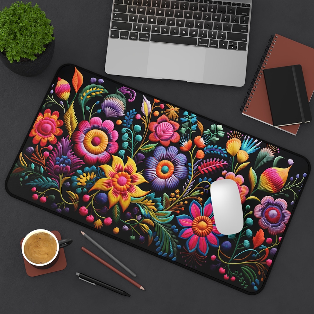Mexican Floral Embroidery Desk Mat Colorful Flowers Mousepad Perfect ...