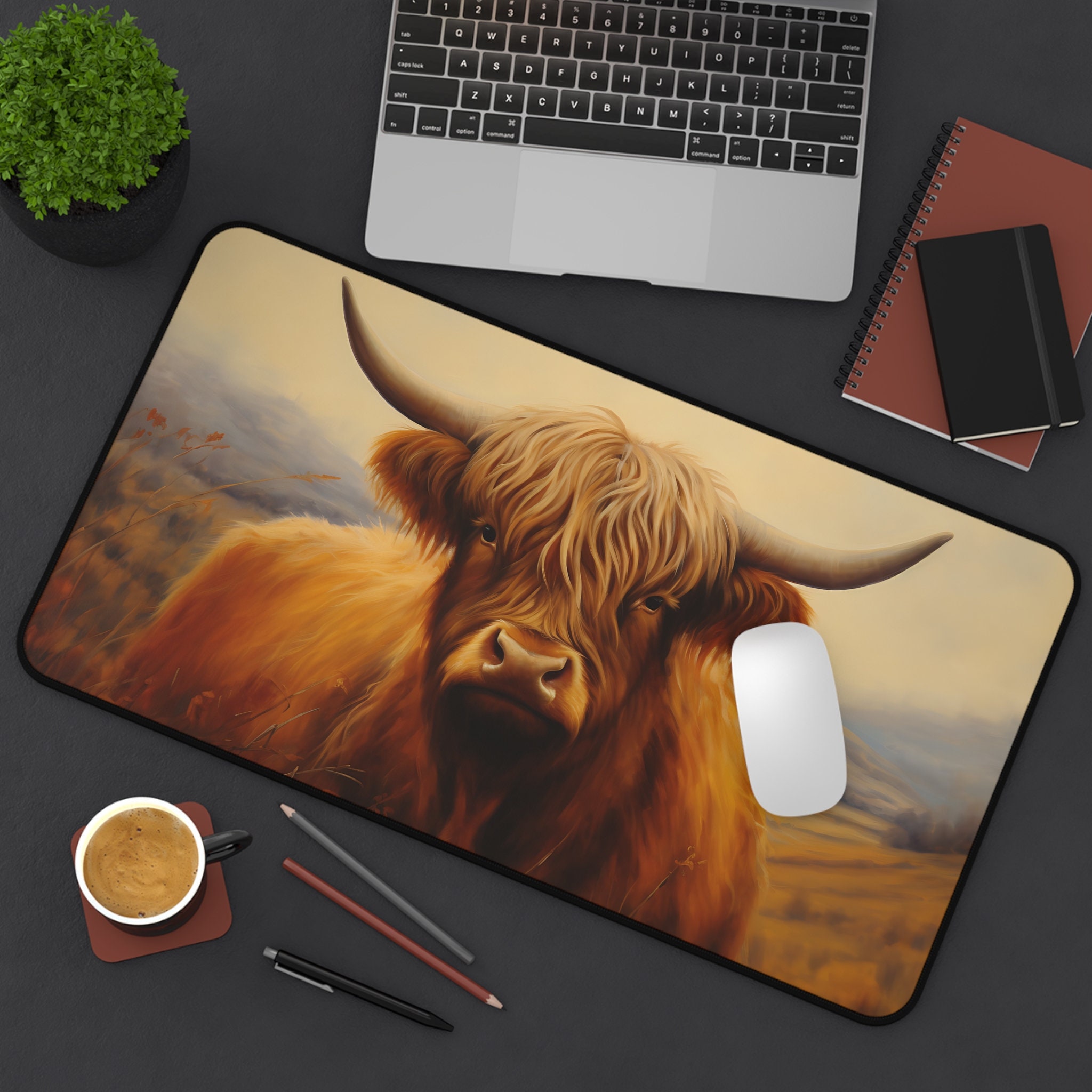 Retro Highland Cow Desk Mat Cow Desk Mat Misty Mountain Mouse Pad ...