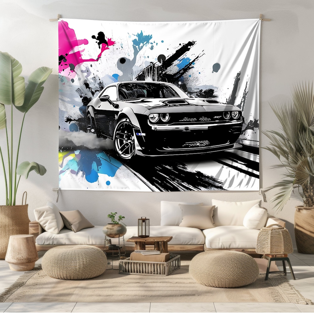 Dodge Challenger Graffiti Smoke Wall Tapestry Muscle Car Wall Hanging ...