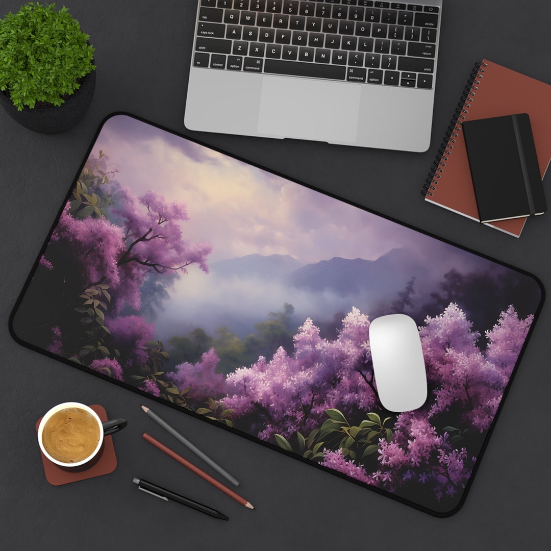 Purple Flowers Scenery Desk Mat Pastel Floral Office Decor Botanical ...