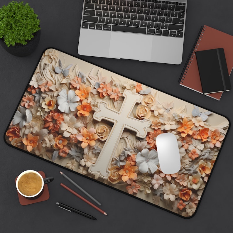 Cross Floral Desk Mat Cross Mousepad Faith Desk Mat Religious Gaming ...