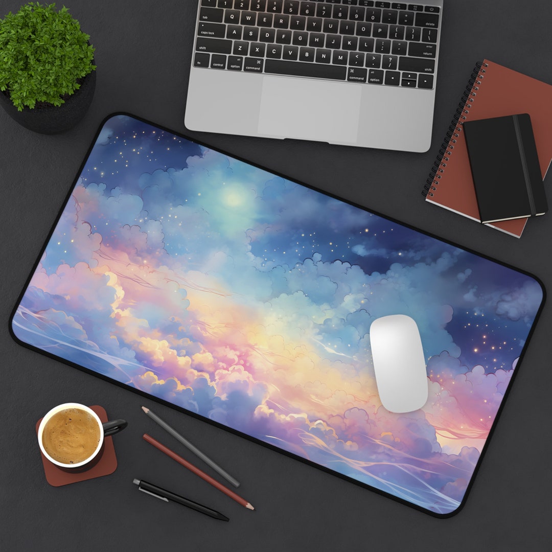 Pastel Kawaii Clouds Stars Desk Mat Night Cloud Mousepad Aesthetic Desk ...