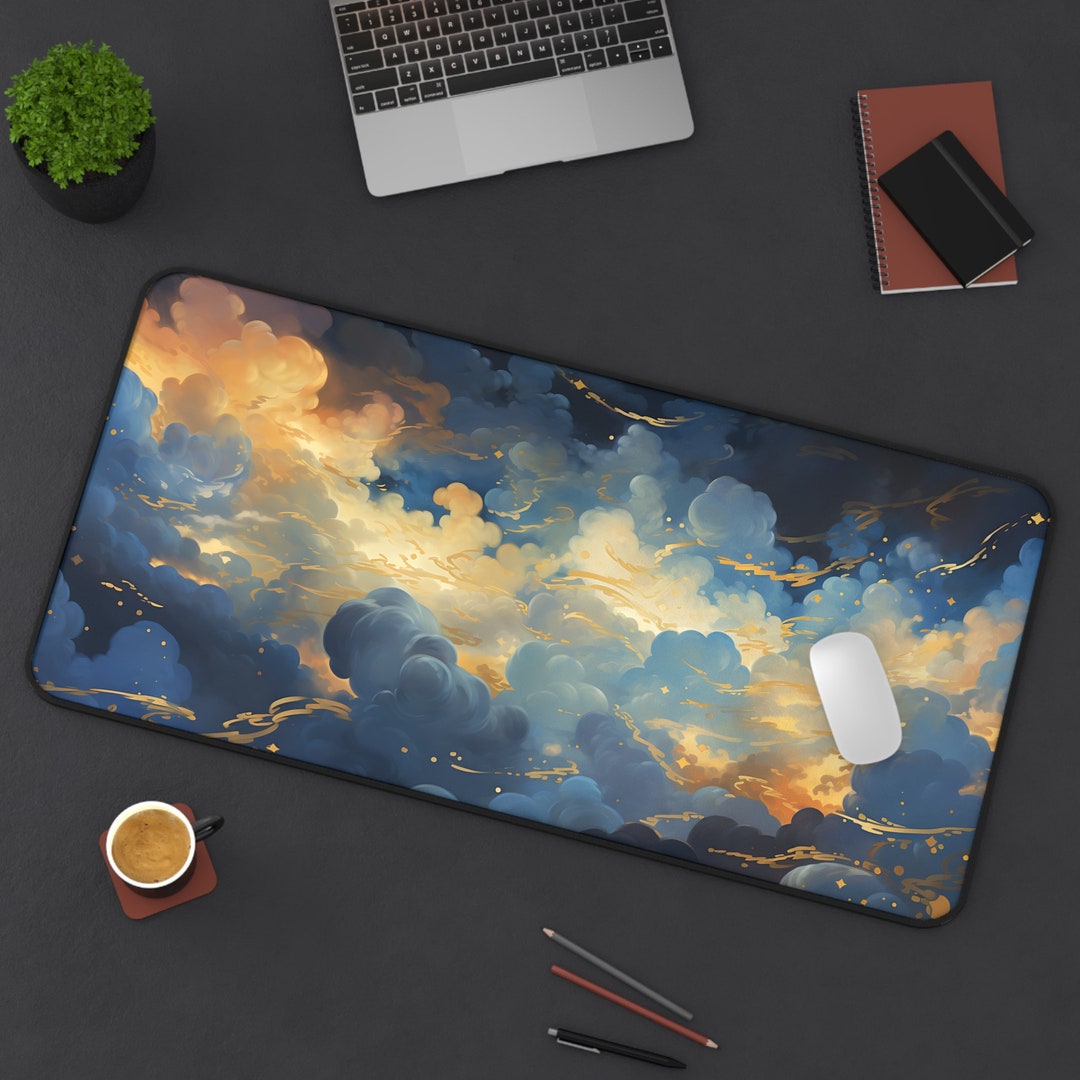 Golden Blue Clouds Desk Mat Kawaii Mouse Pad Sky Desk Pad Moon Desk ...