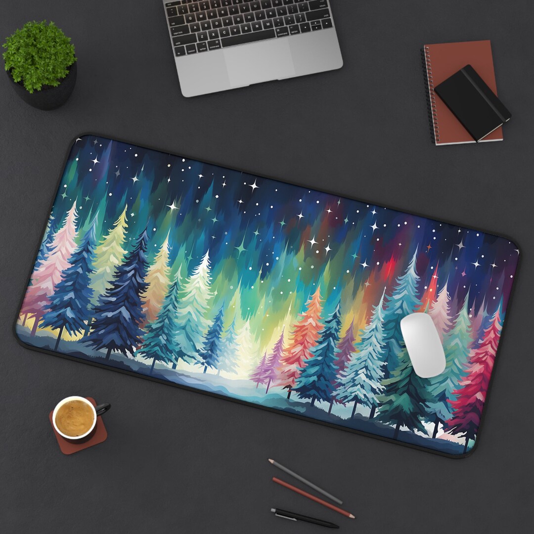 Pine Tree Desk Mat Northern Light Forest Desk Mat Nature Mousepad ...
