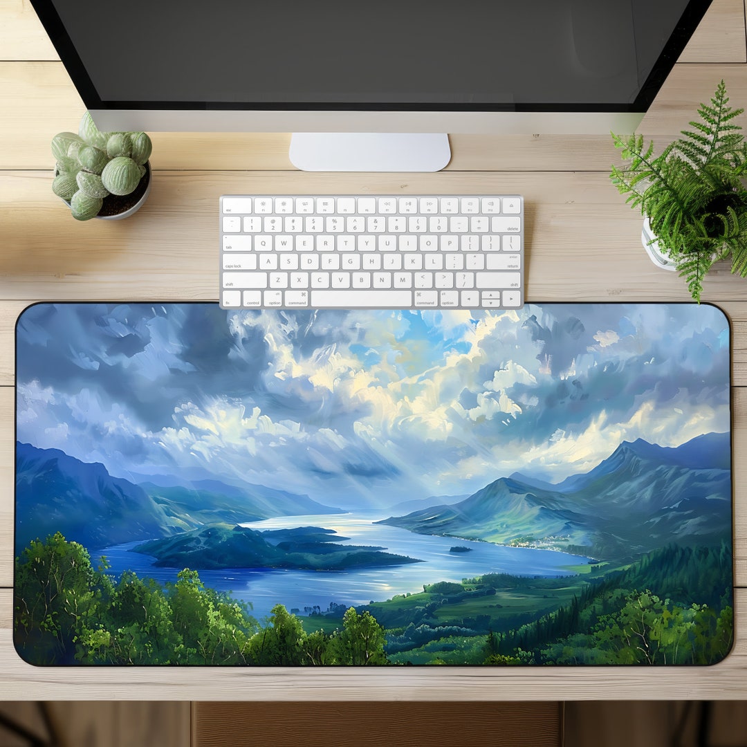 Mountain Lake Desk Mat Green Desk Mat Nature Mouse Pad Misty Cloud Desk ...