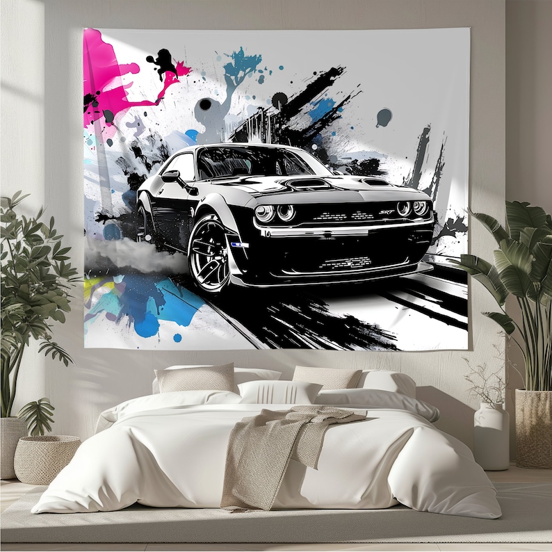 Dodge Challenger Graffiti Smoke Wall Tapestry Muscle Car Wall Hanging ...