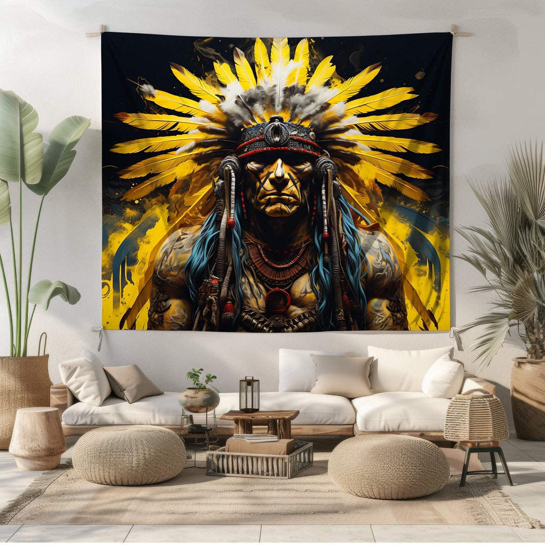 Native Chief Wall Tapestry Tribal Art Aesthetic Indian Warrior Wall Art ...