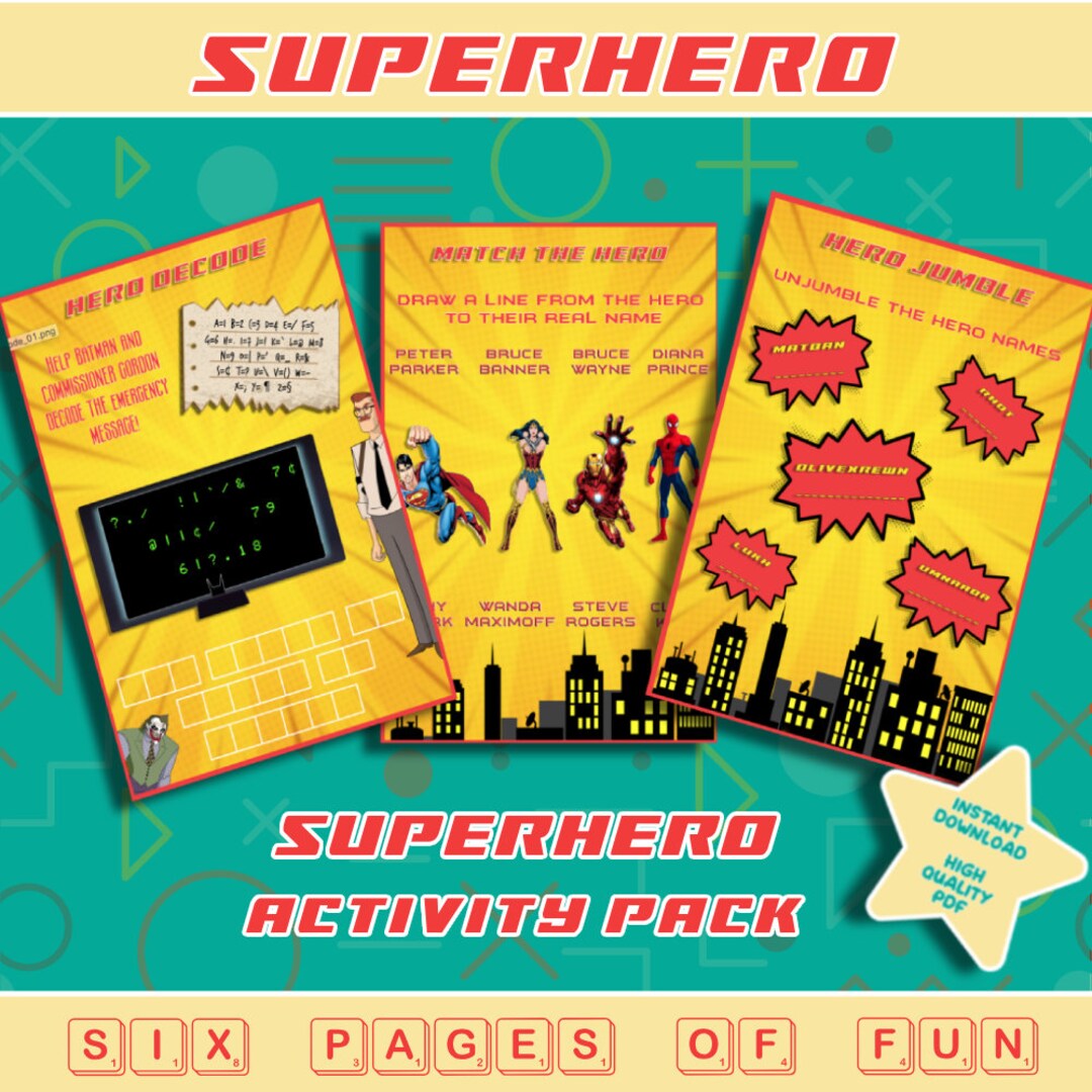 SUPERHERO Activity Sheets Kids Superhero Pack Crossword Decoding ...