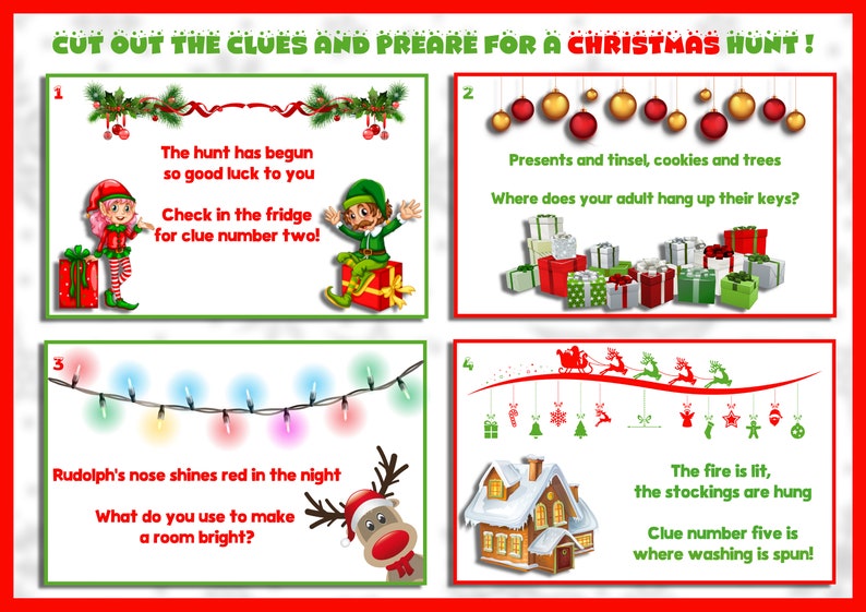 CHRISTMAS Hunt 12 Clues for Kids Indoor Scavenger Activity Game Find ...