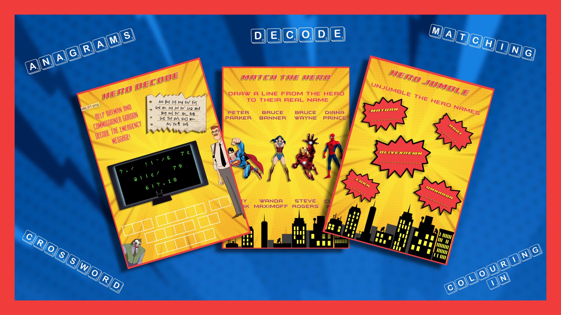 SUPERHERO Activity Sheets Kids Superhero Pack Crossword Decoding ...