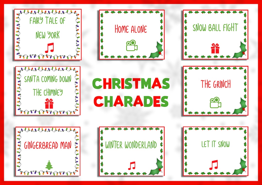 CHRISTMAS Charades 72 Unique Game Cards Kids Festive Holiday Printable ...
