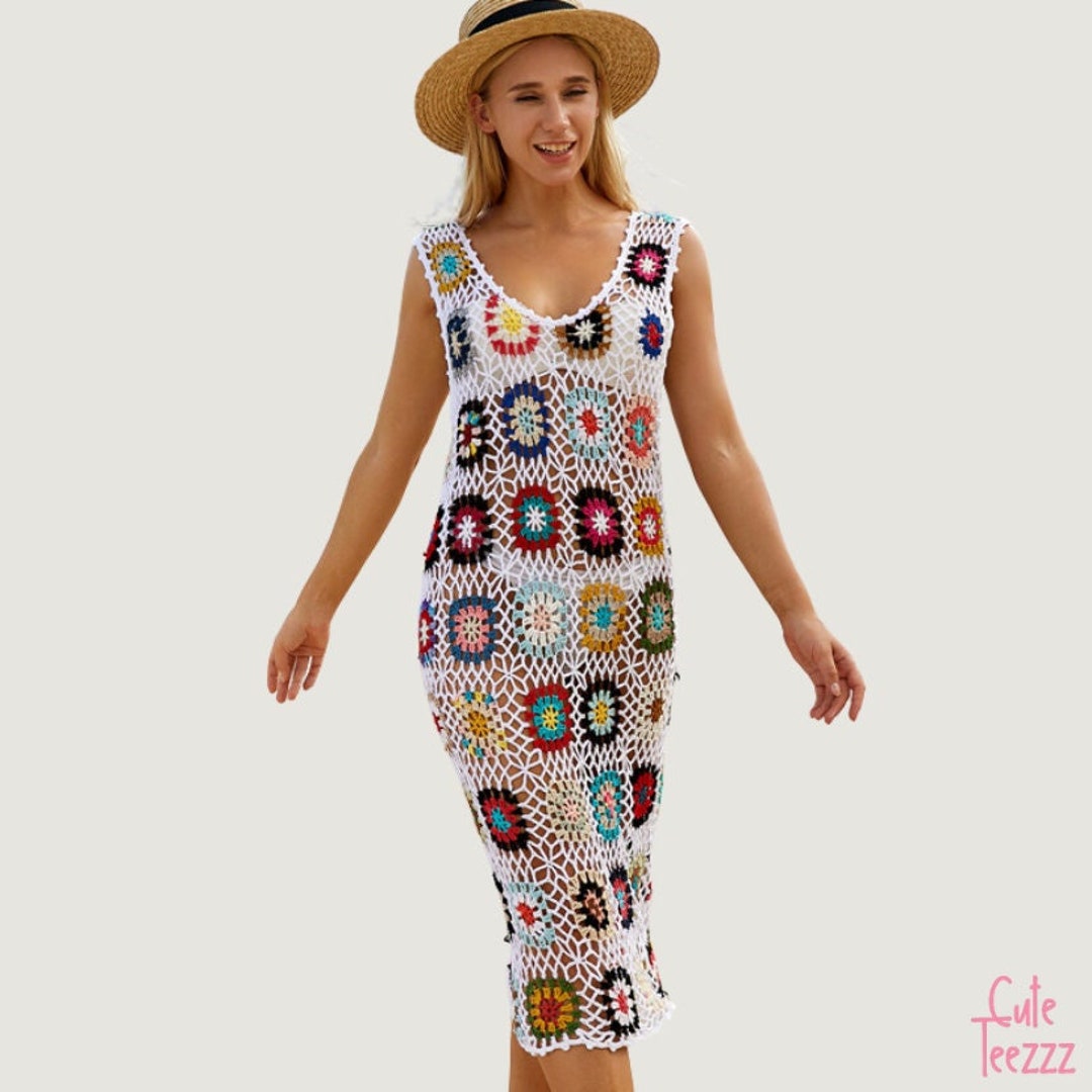 Handmade Crochet Knitted Dress, Boho Crochet Dress, Crochet Midi Dress ...