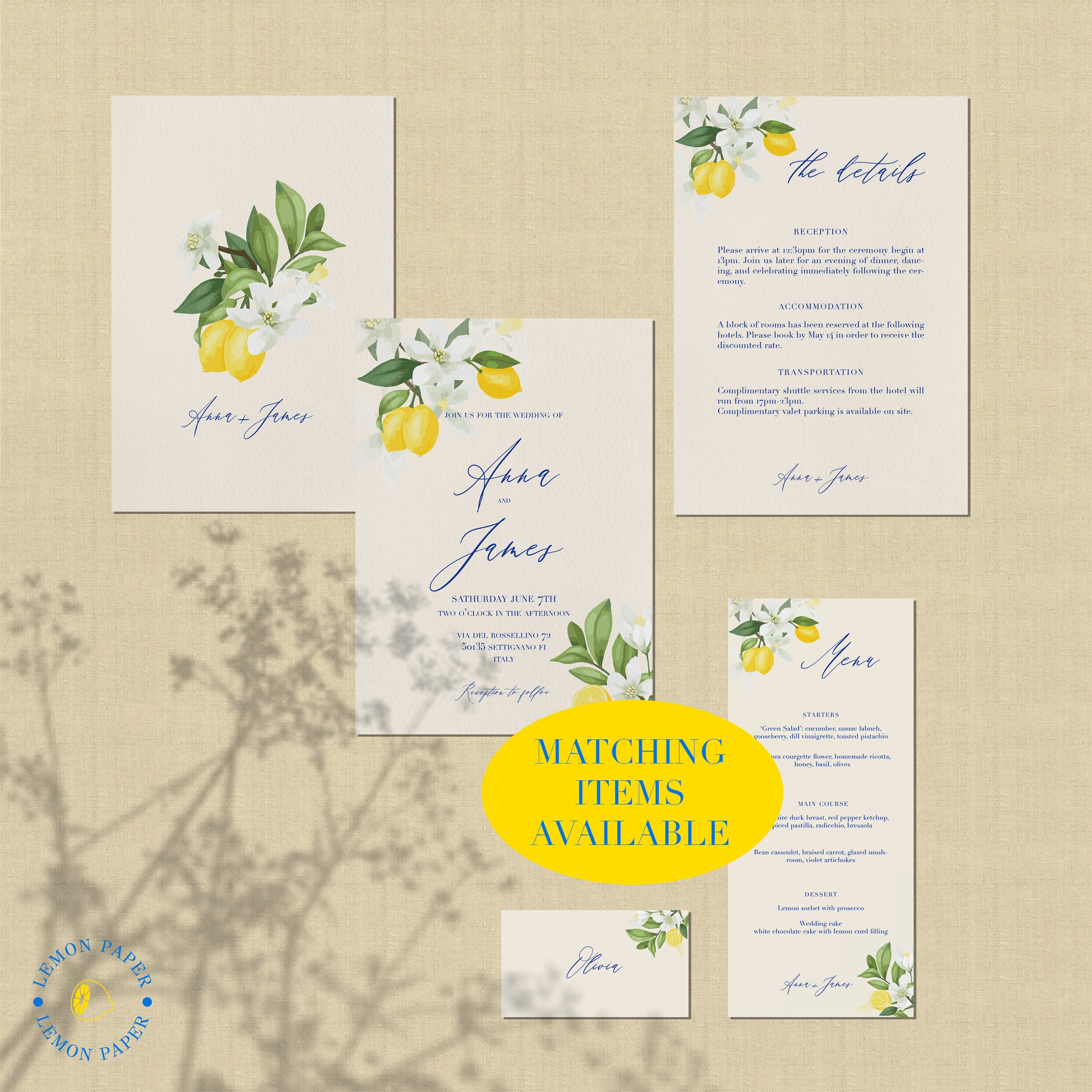 Lemon Wedding Menu and Wedding Place Card Editable Template | Italian ...