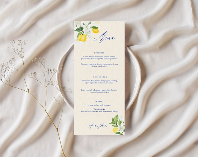 Lemon Wedding Menu and Wedding Place Card Editable Template | Italian ...