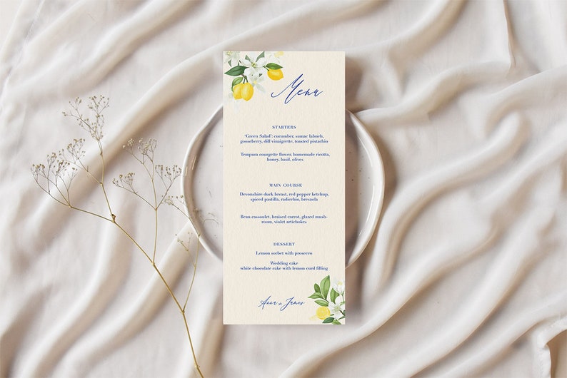 Lemon Wedding Menu and Wedding Place Card Editable Template | Italian ...
