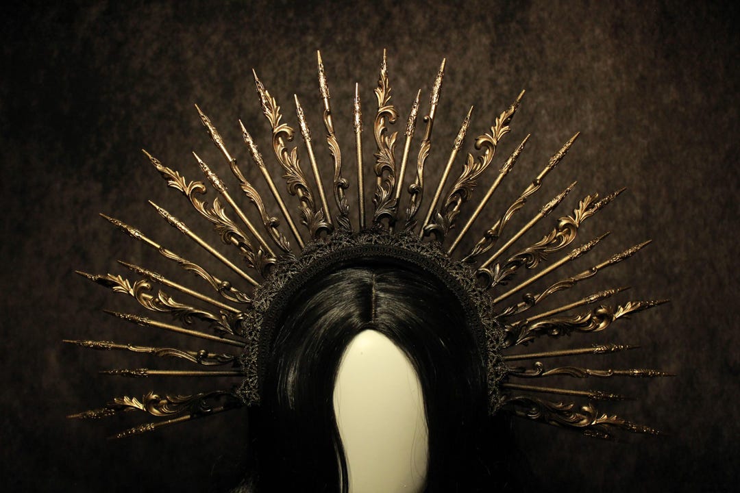 Headpiece or Gothic Halo Crown, Black and Gold Halocrown, Handmade and ...