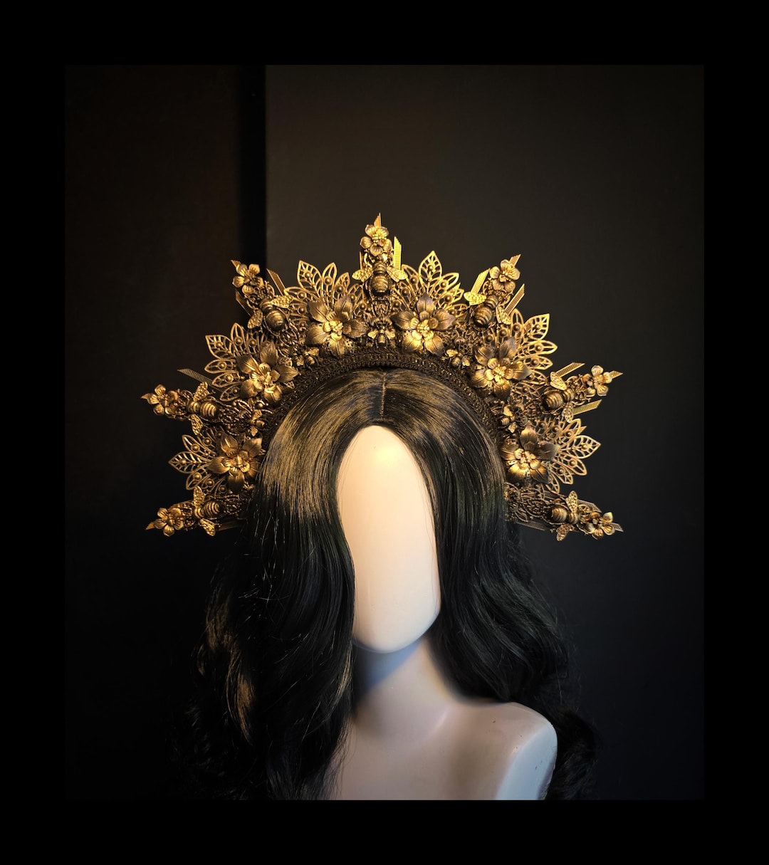 Headpiece or Gothic Halo Crown, Black and Gold Halocrown, Handmade and ...