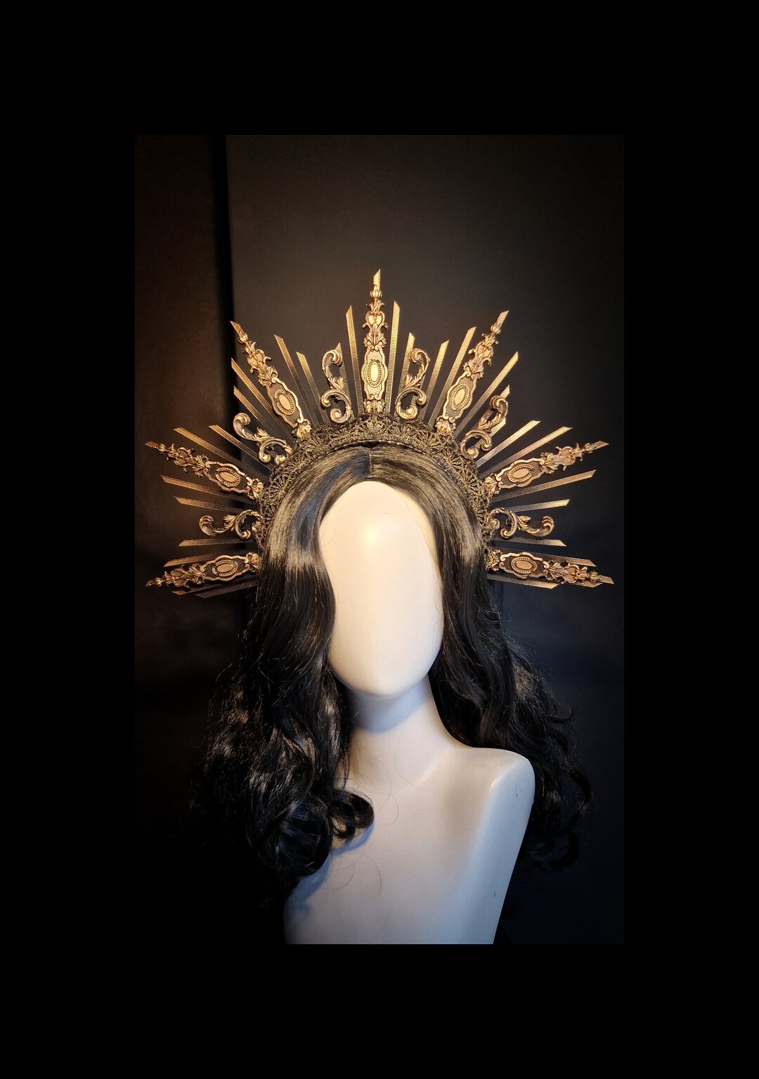 Headpiece or Gothic Halo Crown, Black and Gold Halocrown, Handmade and ...