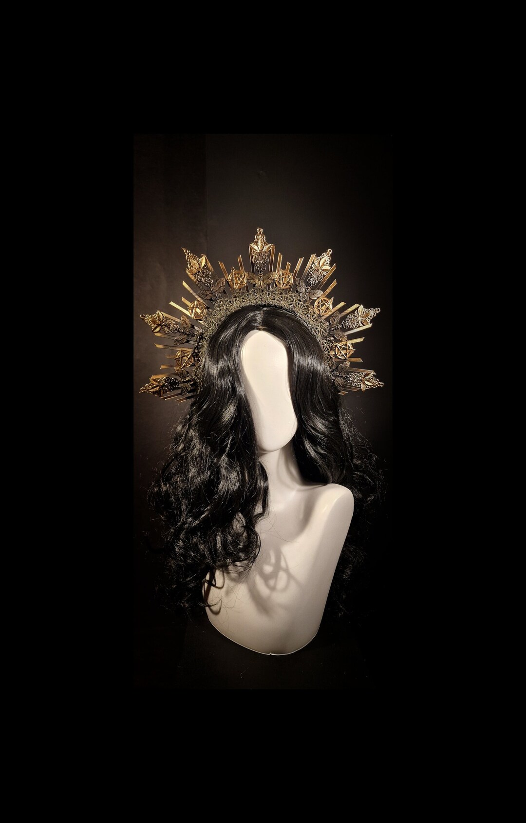 Headpiece or Gothic Halo Crown, Black and Gold Halocrown, Handmade and ...