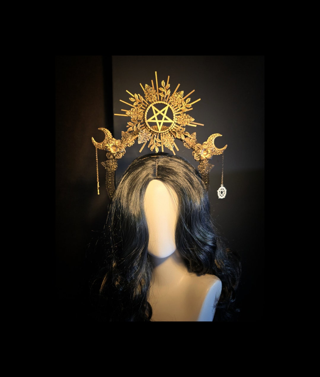Headpiece or Gothic Halo Crown, Black and Gold Halocrown, Handmade and ...