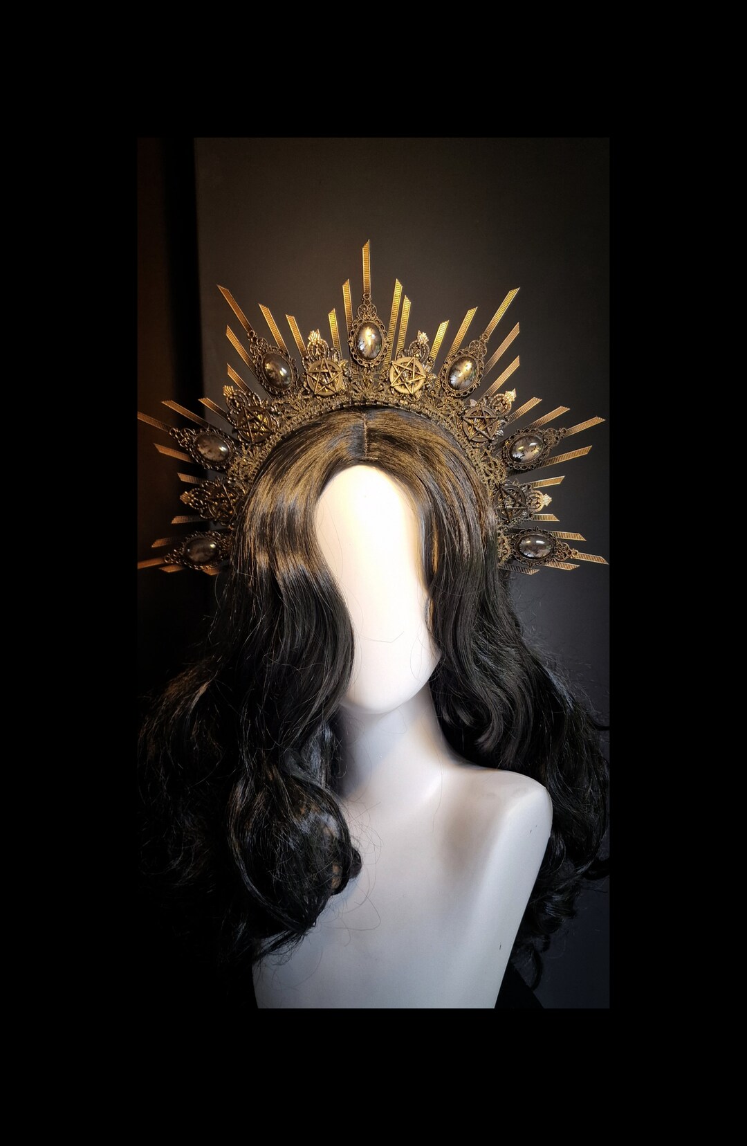 Headpiece or Gothic Halo Crown, Black and Gold Halocrown, Handmade and ...