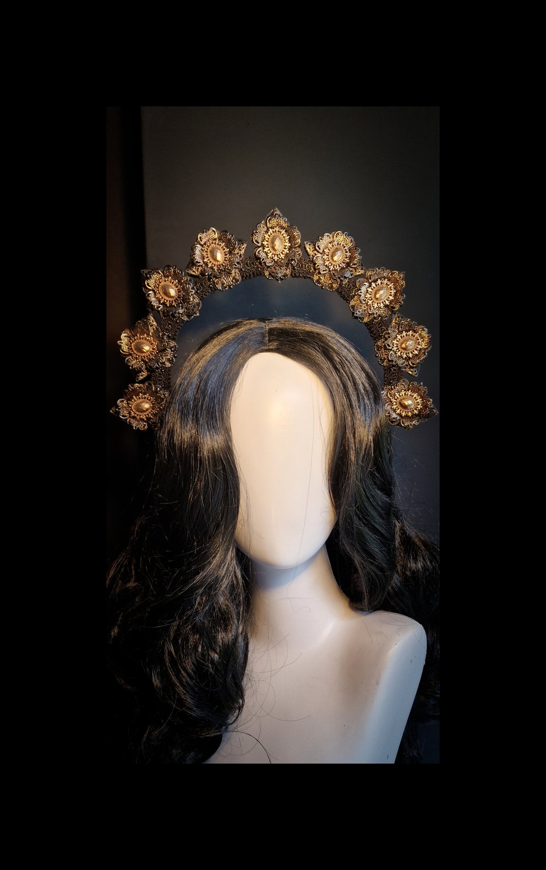 Headpiece or Gothic Halo Crown, Black and Gold Halocrown, Handmade and ...