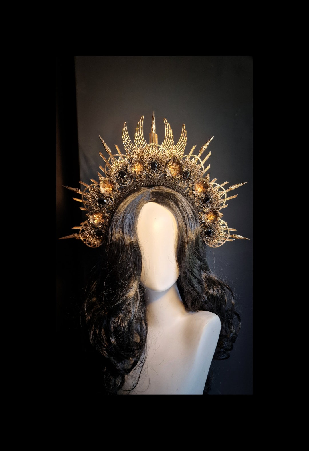 Headpiece or Gothic Halo Crown, Black and Gold Halocrown, Handmade and ...
